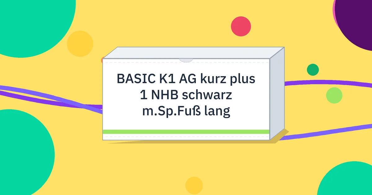 Symbolbild: Packung mit der Aufschrift BASIC K1 AG kurz plus 1 NHB schwarz m.Sp.Fuß lang (PZN 20259616) – Verfügbarkeit und Bezug in Apotheken in Frankfurt am Main