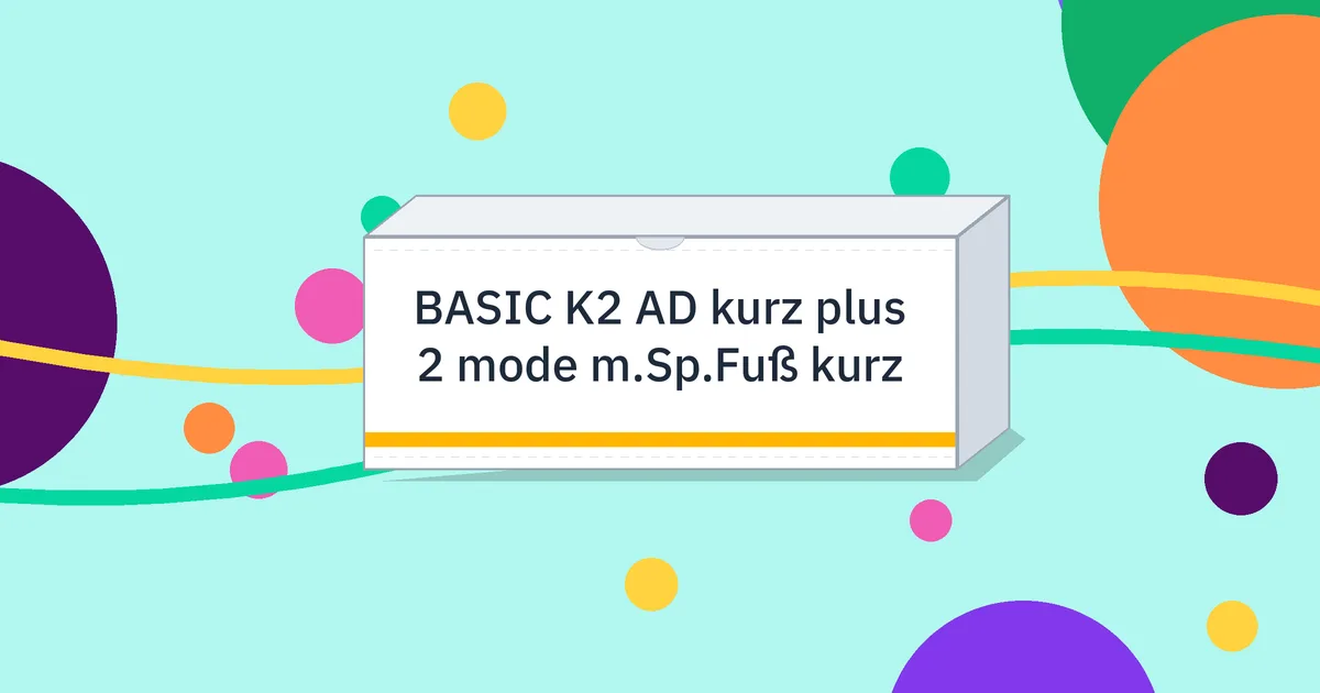 Symbolbild: Packung mit der Aufschrift BASIC K2 AD kurz plus 2 mode m.Sp.Fuß kurz (PZN 20264238) – Verfügbarkeit und Bezug in Apotheken in Frankfurt am Main