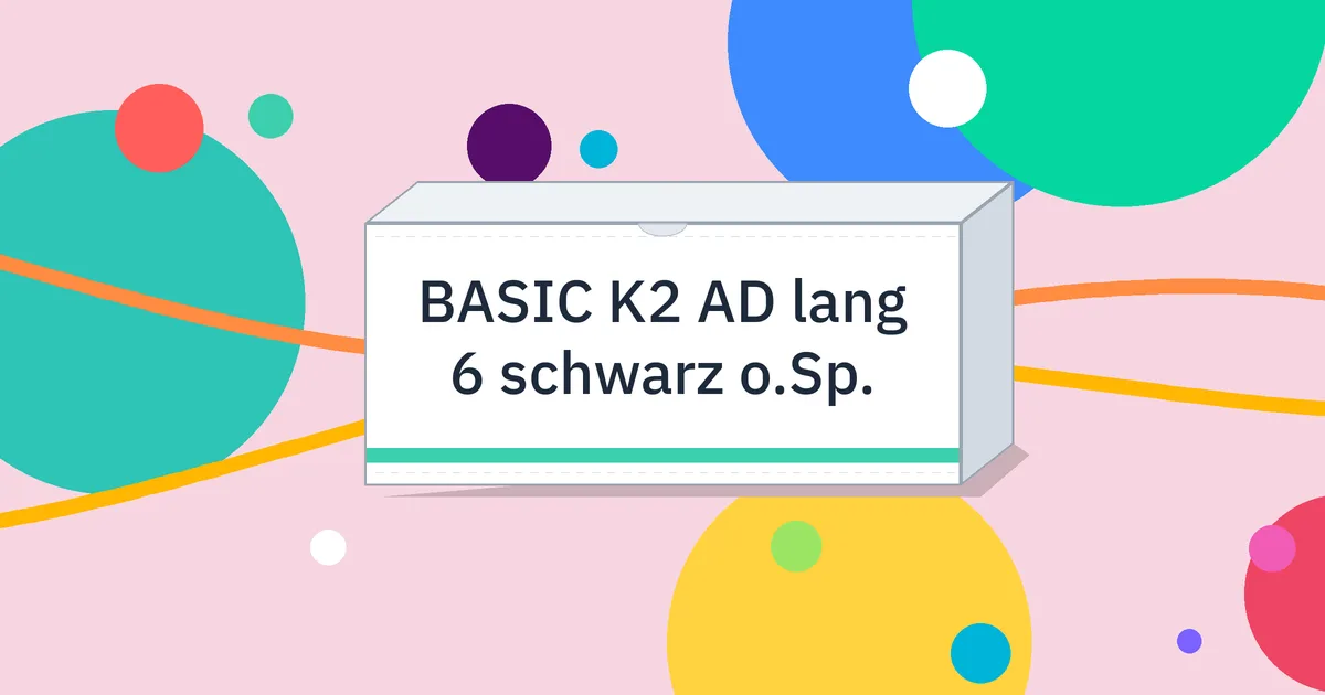 Symbolbild: Packung mit der Aufschrift BASIC K2 AD lang 6 schwarz o.Sp. (PZN 20265580) – Verfügbarkeit und Bezug in Apotheken in Frankfurt am Main