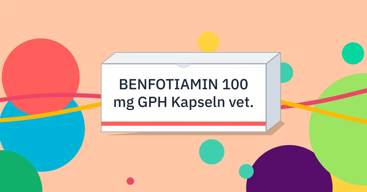Symbolbild: Packung mit der Aufschrift BENFOTIAMIN 100 mg GPH Kapseln vet. (PZN 19248375) – Verfügbarkeit und Bezug in Apotheken in Frankfurt am Main