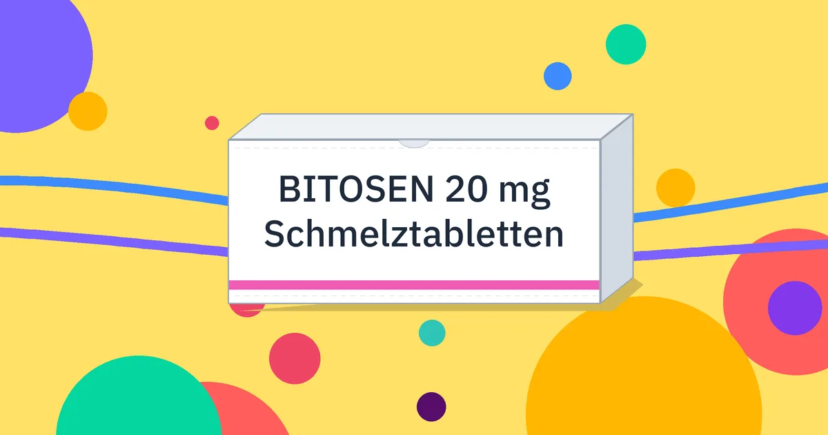 Symbolbild: Packung mit der Aufschrift BITOSEN 20 mg Schmelztabletten (PZN 18890543) – Verfügbarkeit und Bezug in Apotheken in Frankfurt am Main