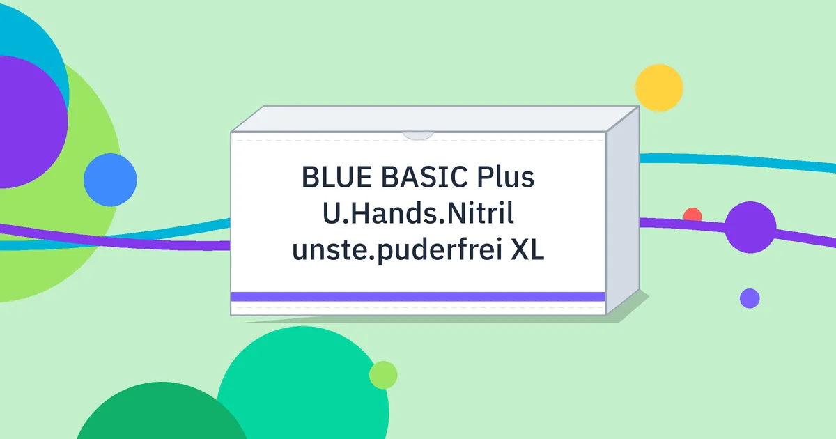 Symbolbild: Packung mit der Aufschrift BLUE BASIC Plus U.Hands.Nitril unste.puderfrei XL (PZN 15577691) – Verfügbarkeit und Bezug in Apotheken in Frankfurt am Main