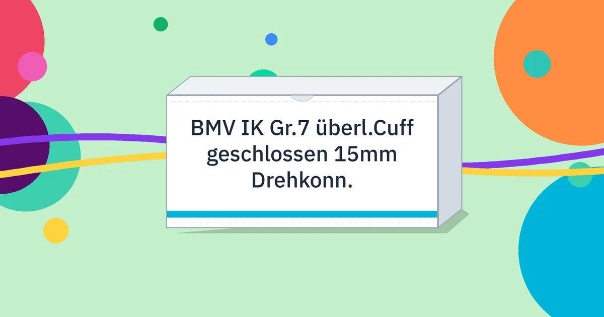 Symbolbild: Packung mit der Aufschrift BMV IK Gr.7 überl.Cuff geschlossen 15mm Drehkonn. (PZN 20140157) – Verfügbarkeit und Bezug in Apotheken in Frankfurt am Main