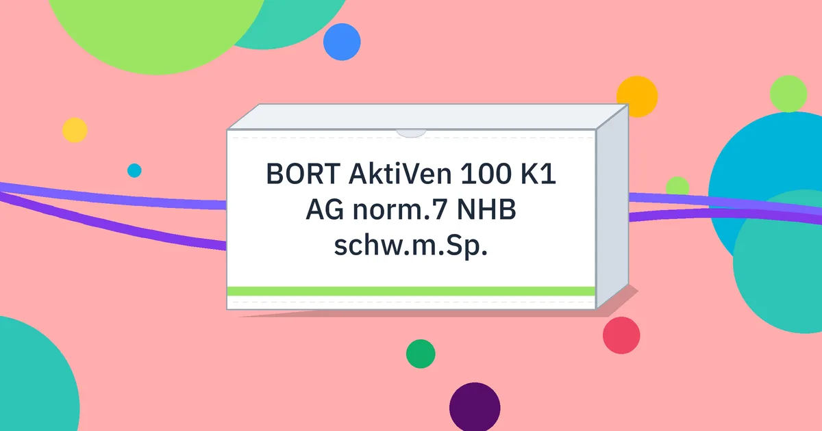 Symbolbild: Packung mit der Aufschrift BORT AktiVen 100 K1 AG norm.7 NHB schw.m.Sp. (PZN 14388284) – Verfügbarkeit und Bezug in Apotheken in Frankfurt am Main