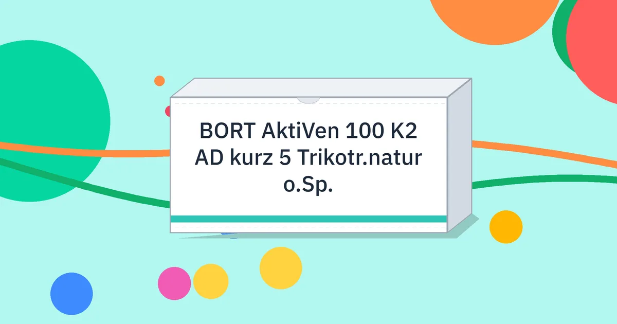 Symbolbild: Packung mit der Aufschrift BORT AktiVen 100 K2 AD kurz 5 Trikotr.natur o.Sp. (PZN 13726402) – Verfügbarkeit und Bezug in Apotheken in Frankfurt am Main
