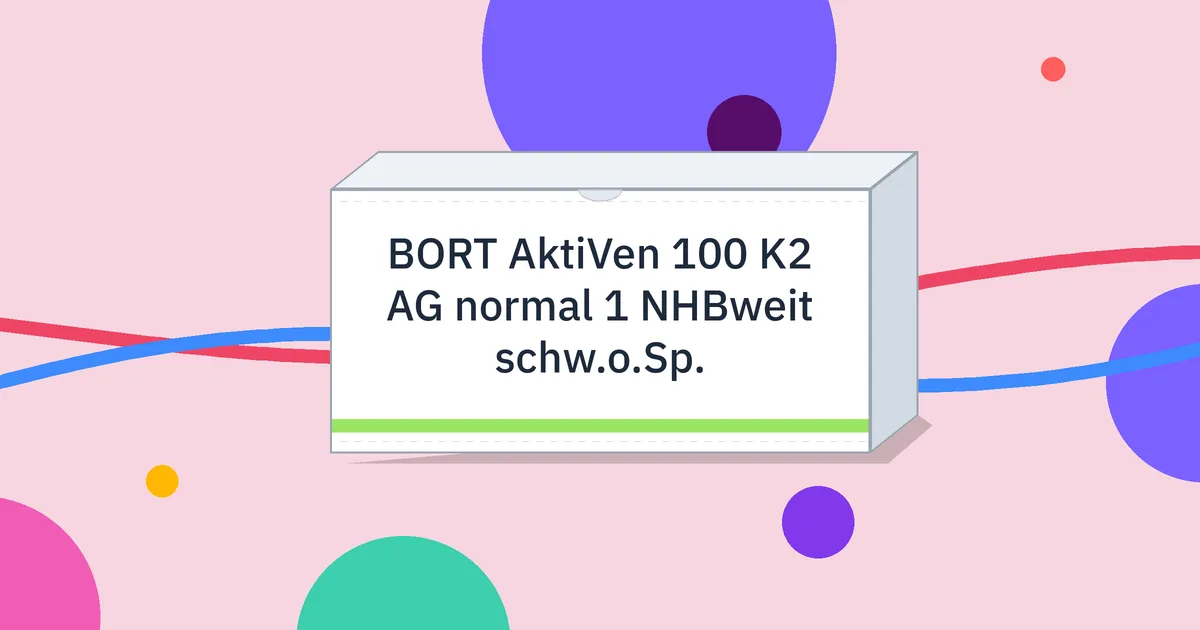 Symbolbild: Packung mit der Aufschrift BORT AktiVen 100 K2 AG normal 1 NHBweit schw.o.Sp. (PZN 14387267) – Verfügbarkeit und Bezug in Apotheken in Frankfurt am Main