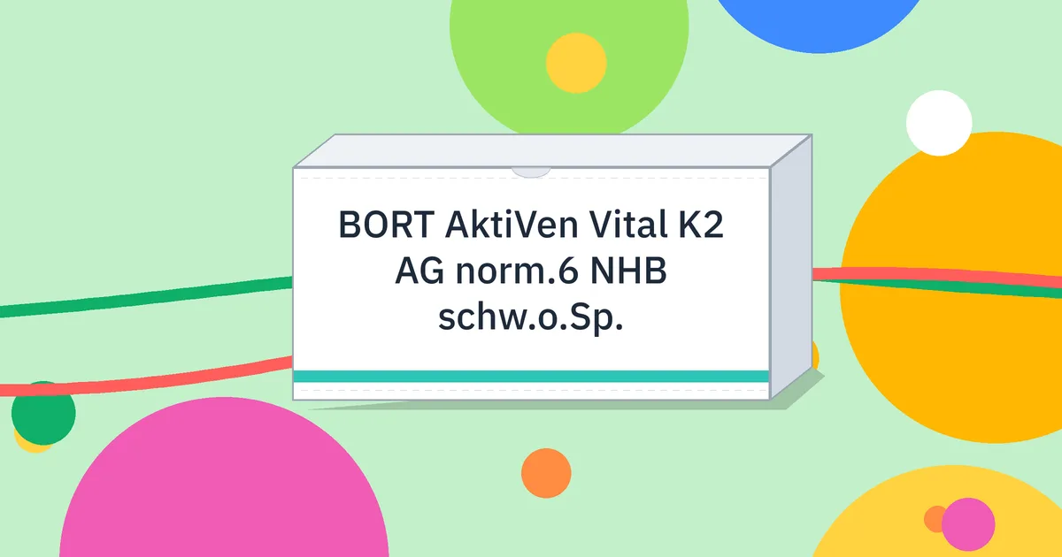Symbolbild: Packung mit der Aufschrift BORT AktiVen Vital K2 AG norm.6 NHB schw.o.Sp. (PZN 12384684) – Verfügbarkeit und Bezug in Apotheken in Frankfurt am Main