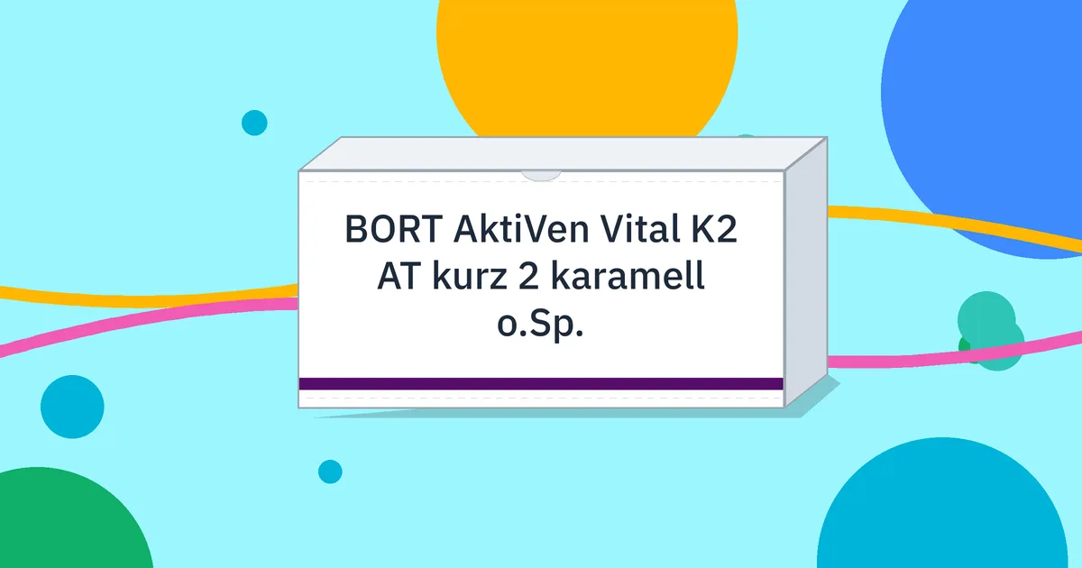 Symbolbild: Packung mit der Aufschrift BORT AktiVen Vital K2 AT kurz 2 karamell o.Sp. (PZN 13737653) – Verfügbarkeit und Bezug in Apotheken in Frankfurt am Main