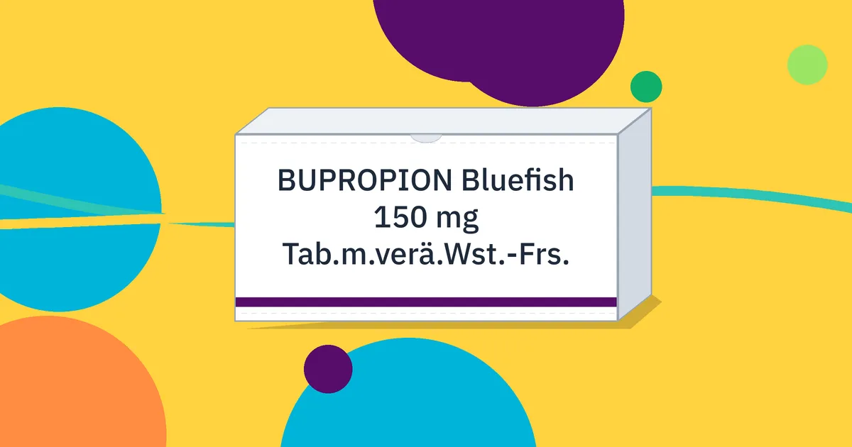 Symbolbild: Packung mit der Aufschrift BUPROPION Bluefish 150 mg Tab.m.verä.Wst.-Frs. (PZN 18447670) – Verfügbarkeit und Bezug in Apotheken in Frankfurt am Main