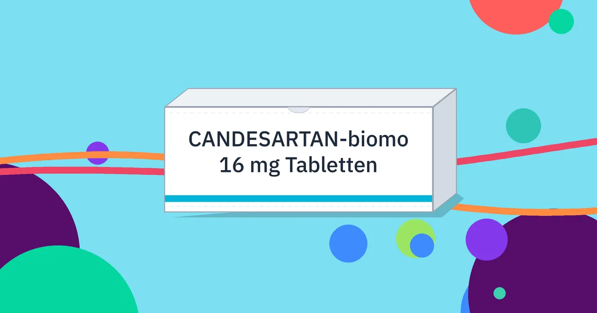 Symbolbild: Packung mit der Aufschrift CANDESARTAN-biomo 16 mg Tabletten (PZN 09474969) – Verfügbarkeit und Bezug in Apotheken in Frankfurt am Main