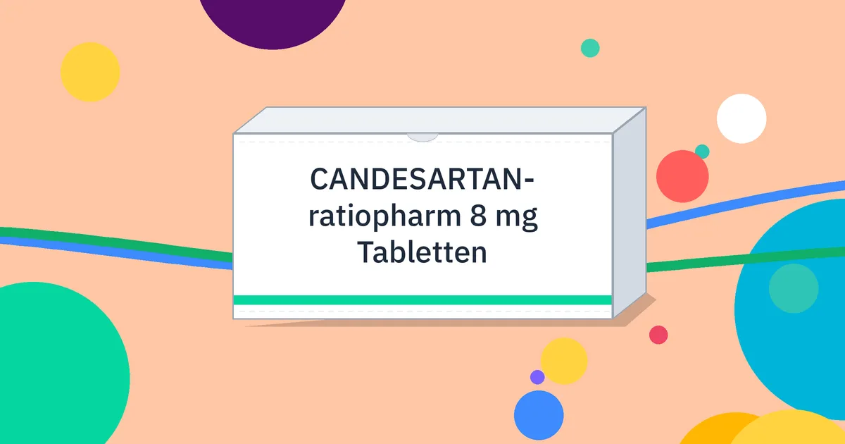 Symbolbild: Packung mit der Aufschrift CANDESARTAN-ratiopharm 8 mg Tabletten (PZN 08879747) – Verfügbarkeit und Bezug in Apotheken in Frankfurt am Main