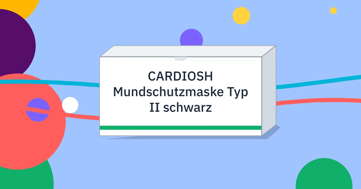 Symbolbild: Packung mit der Aufschrift CARDIOSH Mundschutzmaske Typ II schwarz (PZN 18262083) – Verfügbarkeit und Bezug in Apotheken in Frankfurt am Main