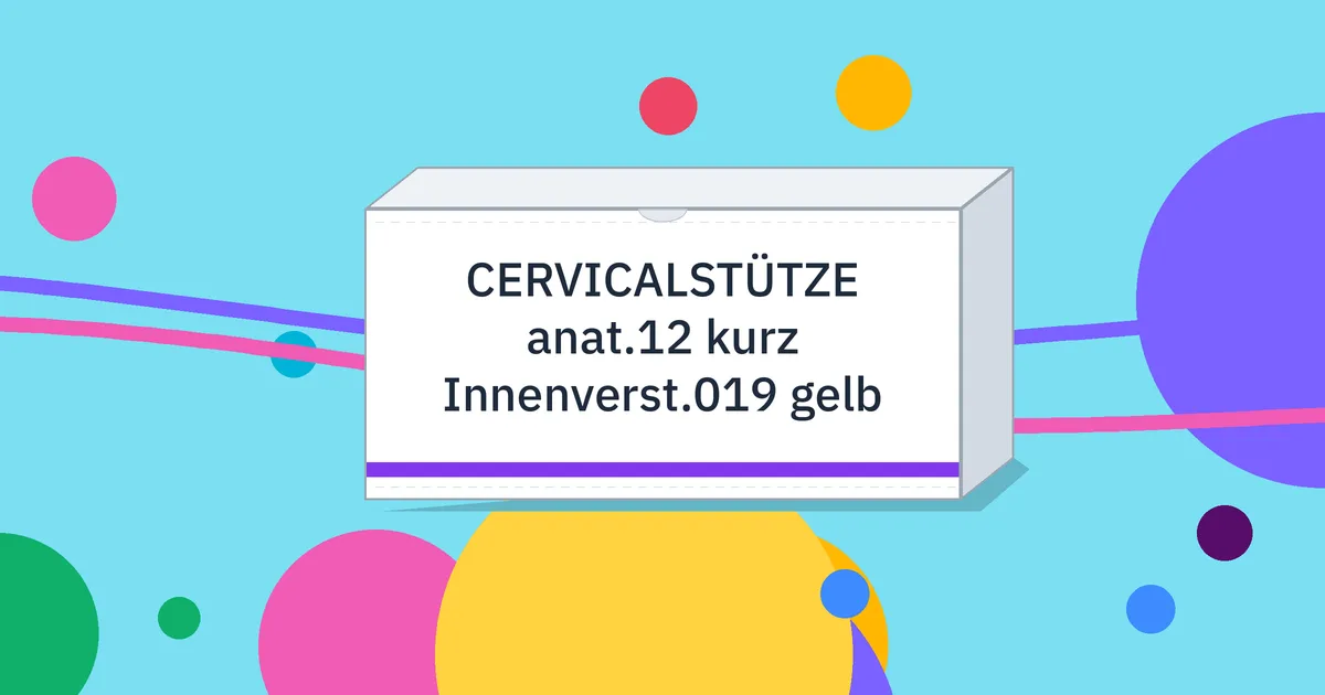 Symbolbild: Packung mit der Aufschrift CERVICALSTÜTZE anat.12 kurz Innenverst.019 gelb (PZN 08895195) – Verfügbarkeit und Bezug in Apotheken in Frankfurt am Main