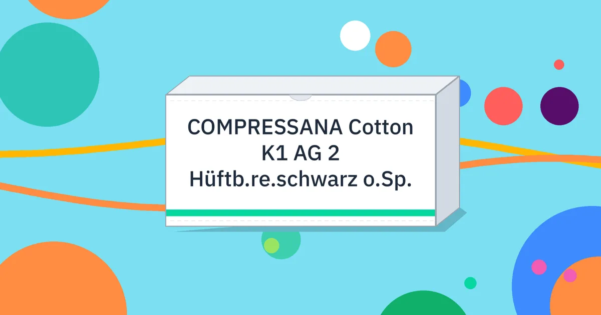 Symbolbild: Packung mit der Aufschrift COMPRESSANA Cotton K1 AG 2 Hüftb.re.schwarz o.Sp. (PZN 12980311) – Verfügbarkeit und Bezug in Apotheken in Frankfurt am Main