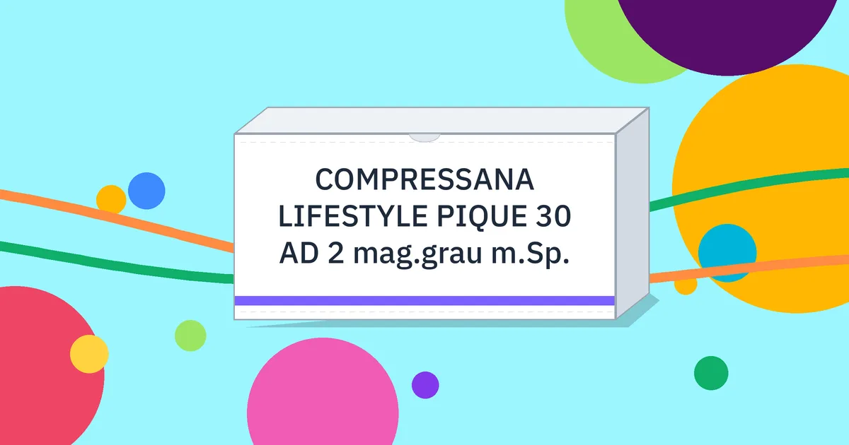 Symbolbild: Packung mit der Aufschrift COMPRESSANA LIFESTYLE PIQUE 30 AD 2 mag.grau m.Sp. (PZN 19689642) – Verfügbarkeit und Bezug in Apotheken in Frankfurt am Main