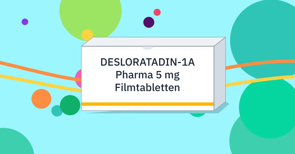 Symbolbild: Packung mit der Aufschrift DESLORATADIN-1A Pharma 5 mg Filmtabletten (PZN 09693269) – Verfügbarkeit und Bezug in Apotheken in Frankfurt am Main