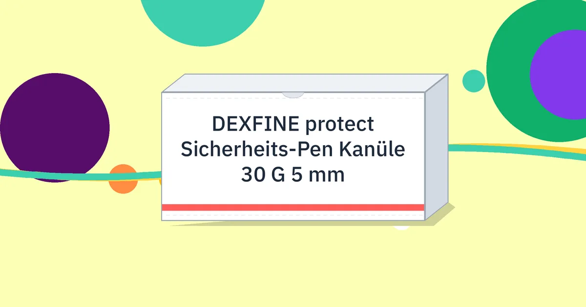 Symbolbild: Packung mit der Aufschrift DEXFINE protect Sicherheits-Pen Kanüle 30 G 5 mm (PZN 16666037) – Verfügbarkeit und Bezug in Apotheken in Frankfurt am Main