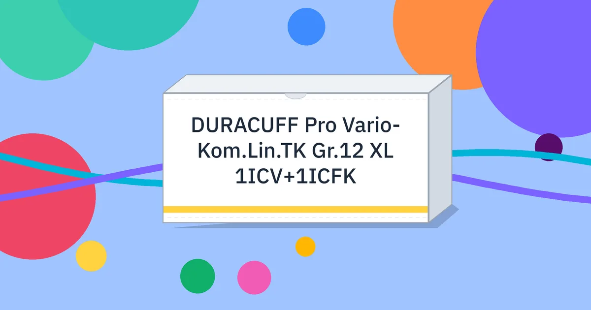 Symbolbild: Packung mit der Aufschrift DURACUFF Pro Vario-Kom.Lin.TK Gr.12 XL 1ICV+1ICFK (PZN 19246181) – Verfügbarkeit und Bezug in Apotheken in Frankfurt am Main