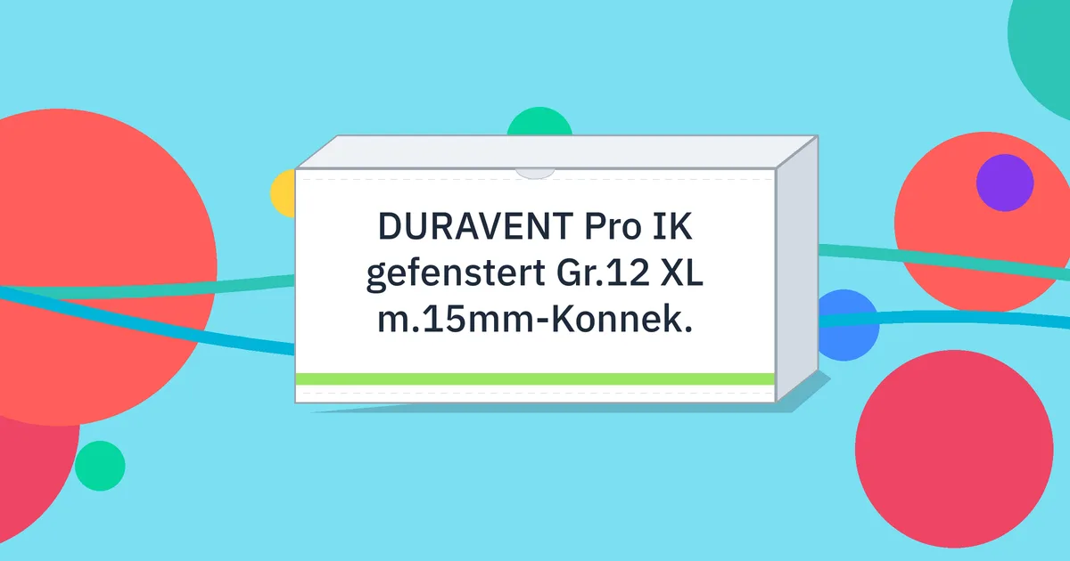 Symbolbild: Packung mit der Aufschrift DURAVENT Pro IK gefenstert Gr.12 XL m.15mm-Konnek. (PZN 19243314) – Verfügbarkeit und Bezug in Apotheken in Frankfurt am Main