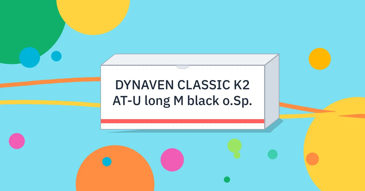 Symbolbild: Packung mit der Aufschrift DYNAVEN CLASSIC K2 AT-U long M black o.Sp. (PZN 18419478) – Verfügbarkeit und Bezug in Apotheken in Frankfurt am Main