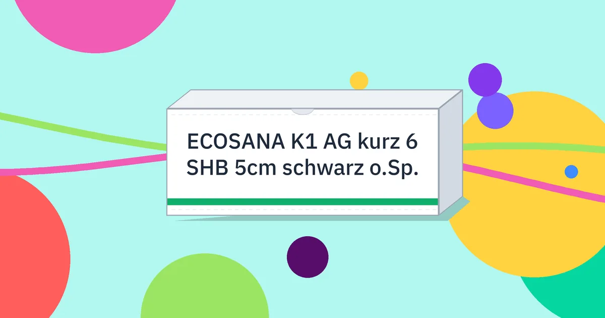 Symbolbild: Packung mit der Aufschrift ECOSANA K1 AG kurz 6 SHB 5cm schwarz o.Sp. (PZN 04729608) – Verfügbarkeit und Bezug in Apotheken in Frankfurt am Main