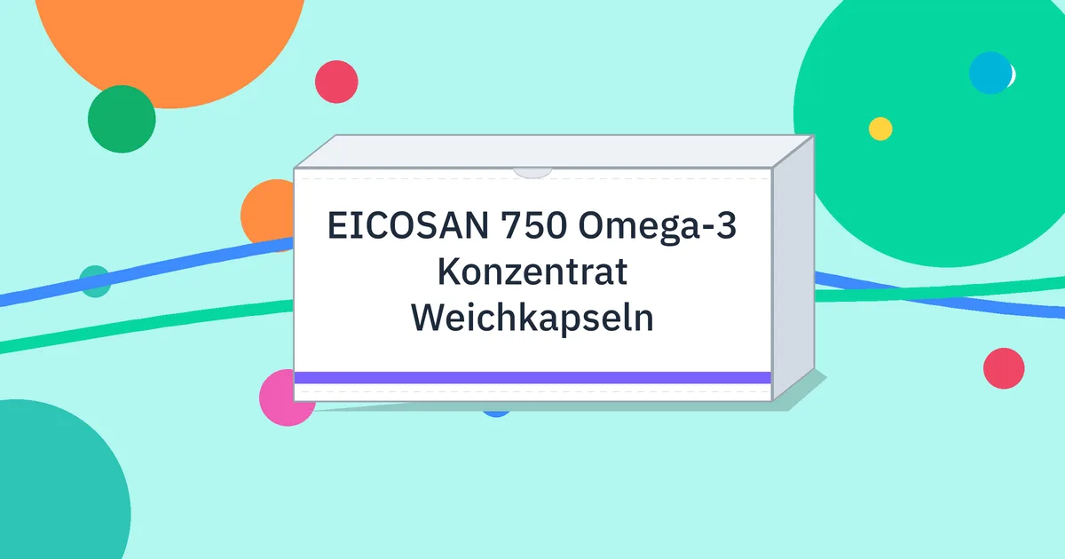 Symbolbild: Packung mit der Aufschrift EICOSAN 750 Omega-3 Konzentrat Weichkapseln (PZN 01211408) – Verfügbarkeit und Bezug in Apotheken in Frankfurt am Main