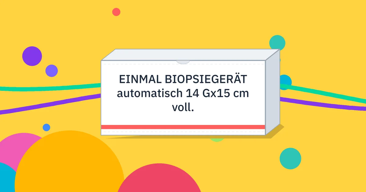 Symbolbild: Packung mit der Aufschrift EINMAL BIOPSIEGERÄT automatisch 14 Gx15 cm voll. (PZN 14384375) – Verfügbarkeit und Bezug in Apotheken in Frankfurt am Main
