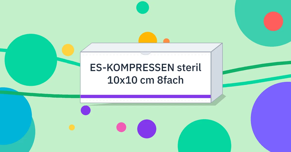 Symbolbild: Packung mit der Aufschrift ES-KOMPRESSEN steril 10x10 cm 8fach (PZN 17516759) – Verfügbarkeit und Bezug in Apotheken in Frankfurt am Main