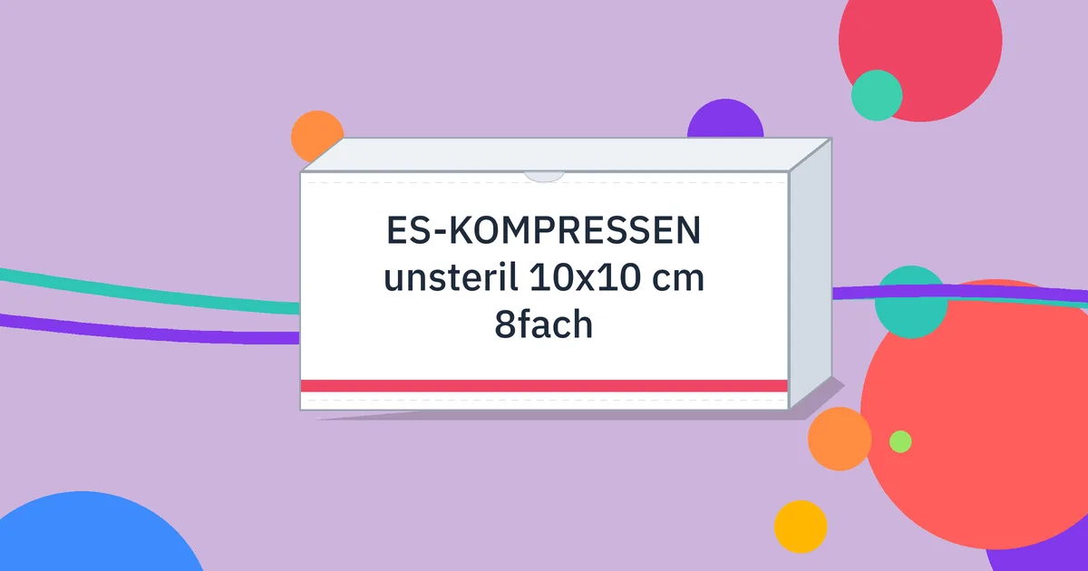 Symbolbild: Packung mit der Aufschrift ES-KOMPRESSEN unsteril 10x10 cm 8fach (PZN 01447223) – Verfügbarkeit und Bezug in Apotheken in Frankfurt am Main