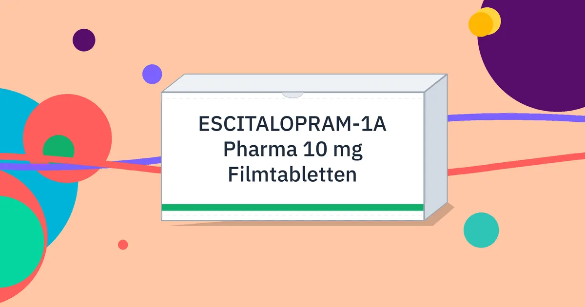 Symbolbild: Packung mit der Aufschrift ESCITALOPRAM-1A Pharma 10 mg Filmtabletten (PZN 10254090) – Verfügbarkeit und Bezug in Apotheken in Frankfurt am Main
