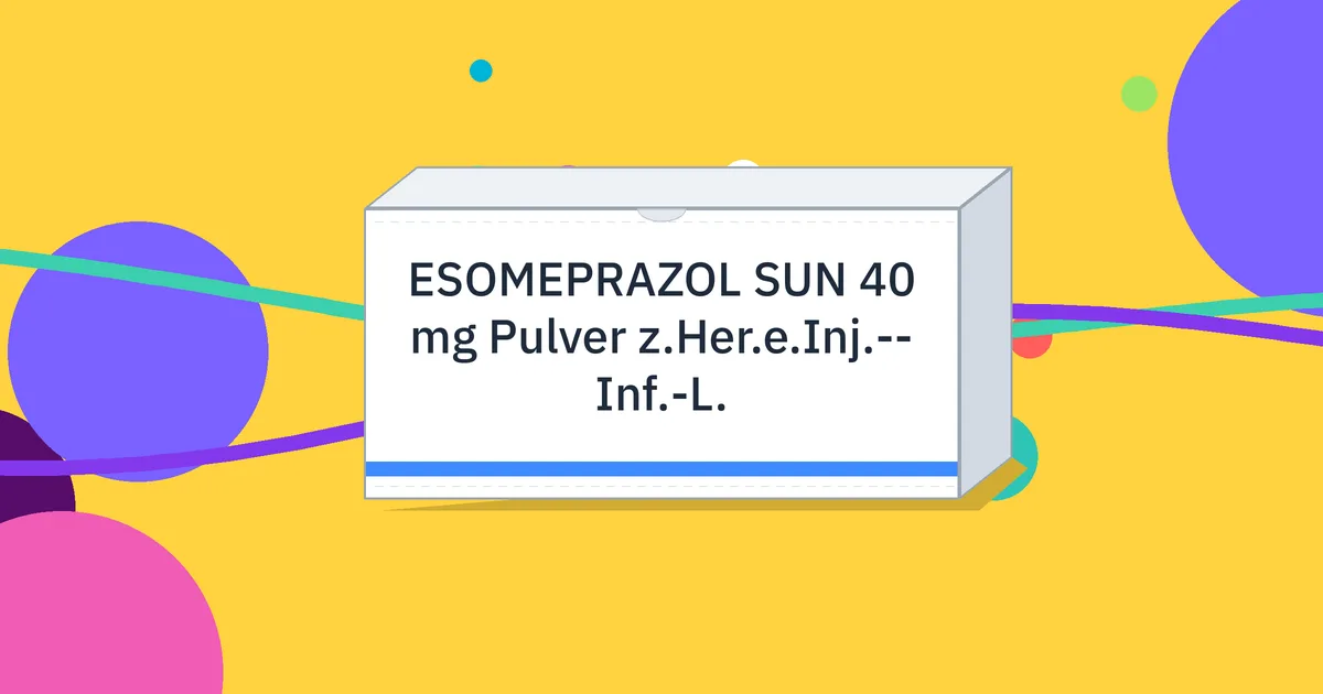Symbolbild: Packung mit der Aufschrift ESOMEPRAZOL SUN 40 mg Pulver z.Her.e.Inj.--Inf.-L. (PZN 09708114) – Verfügbarkeit und Bezug in Apotheken in Frankfurt am Main
