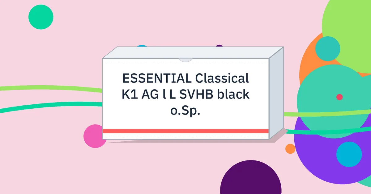 Symbolbild: Packung mit der Aufschrift ESSENTIAL Classical K1 AG l L SVHB black o.Sp. (PZN 18420547) – Verfügbarkeit und Bezug in Apotheken in Frankfurt am Main