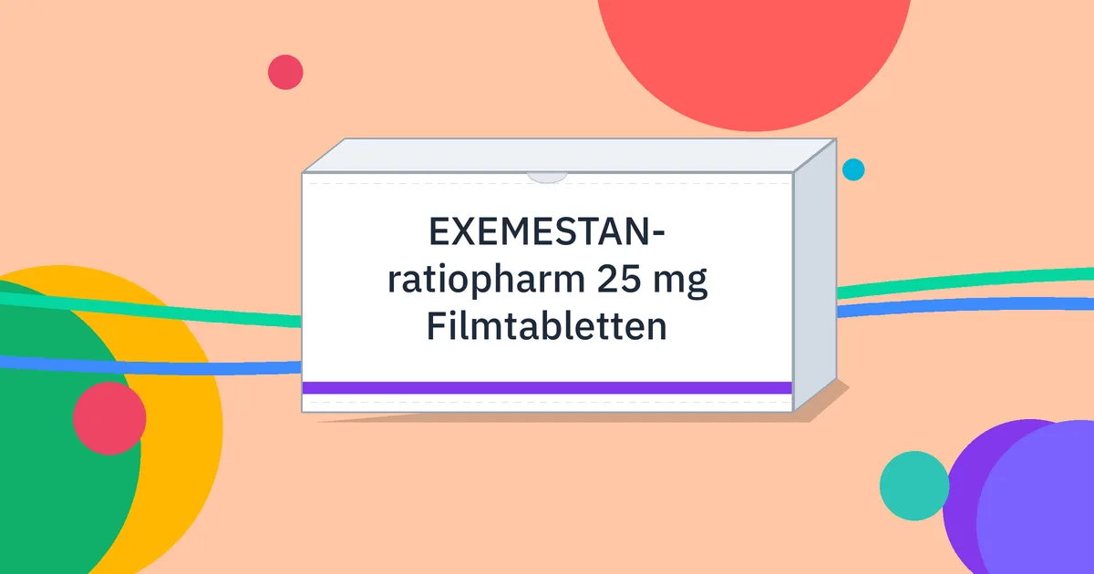 Symbolbild: Packung mit der Aufschrift EXEMESTAN-ratiopharm 25 mg Filmtabletten (PZN 07652450) – Verfügbarkeit und Bezug in Apotheken in Frankfurt am Main