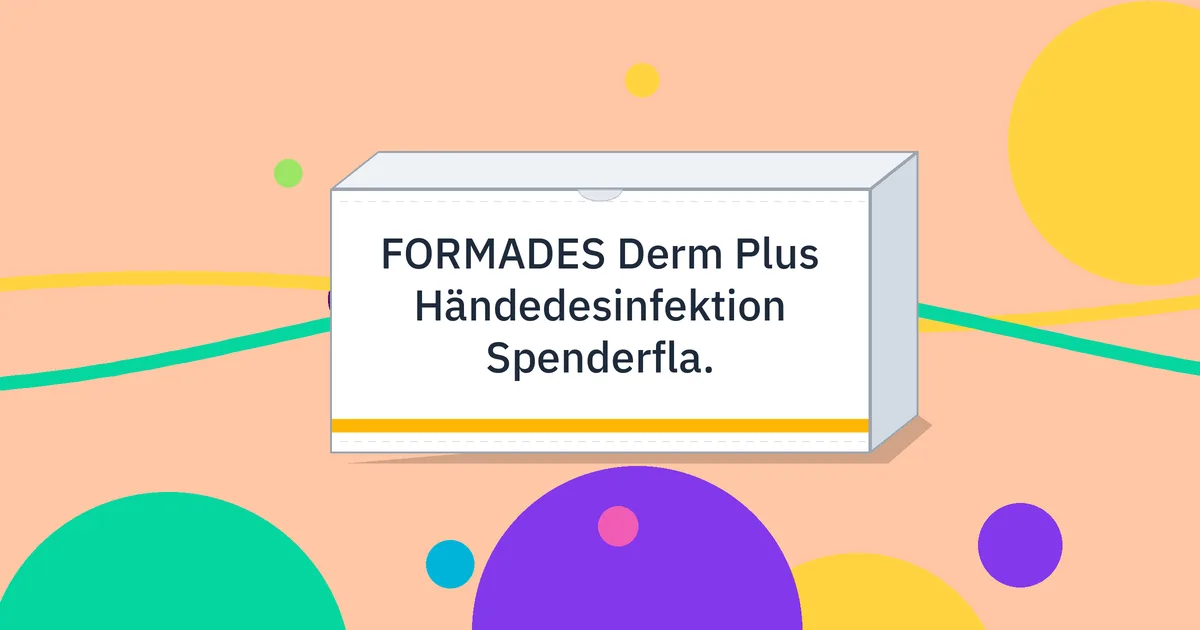 Symbolbild: Packung mit der Aufschrift FORMADES Derm Plus Händedesinfektion Spenderfla. (PZN 16928856) – Verfügbarkeit und Bezug in Apotheken in Frankfurt am Main