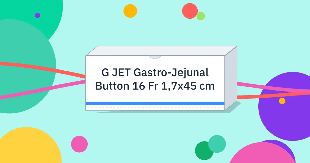 Symbolbild: Packung mit der Aufschrift G JET Gastro-Jejunal Button 16 Fr 1,7x45 cm (PZN 14346848) – Verfügbarkeit und Bezug in Apotheken in Frankfurt am Main