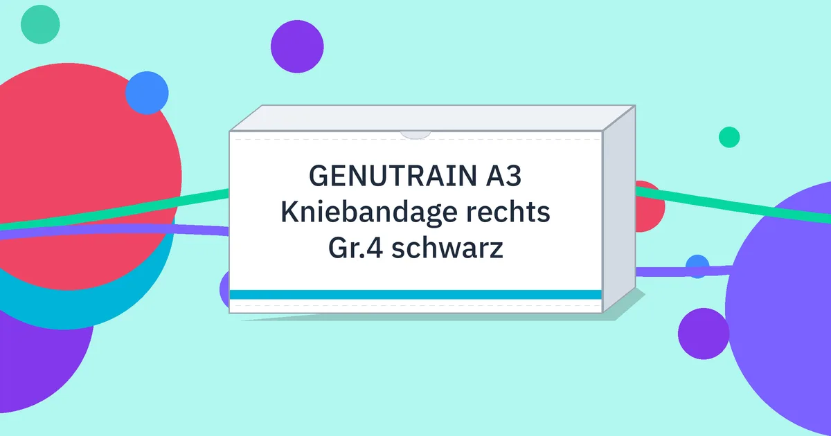 Symbolbild: Packung mit der Aufschrift GENUTRAIN A3 Kniebandage rechts Gr.4 schwarz (PZN 19100017) – Verfügbarkeit und Bezug in Apotheken in Frankfurt am Main