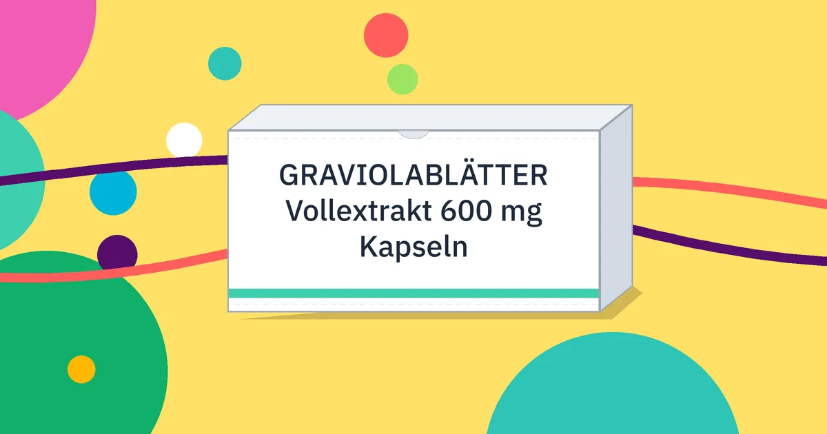 Symbolbild: Packung mit der Aufschrift GRAVIOLABLÄTTER Vollextrakt 600 mg Kapseln (PZN 12371405) – Verfügbarkeit und Bezug in Apotheken in Frankfurt am Main