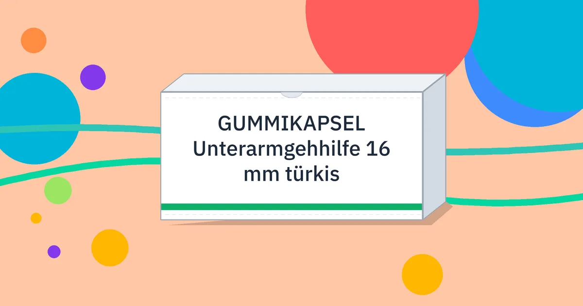 Symbolbild: Packung mit der Aufschrift GUMMIKAPSEL Unterarmgehhilfe 16 mm türkis (PZN 17999657) – Verfügbarkeit und Bezug in Apotheken in Frankfurt am Main