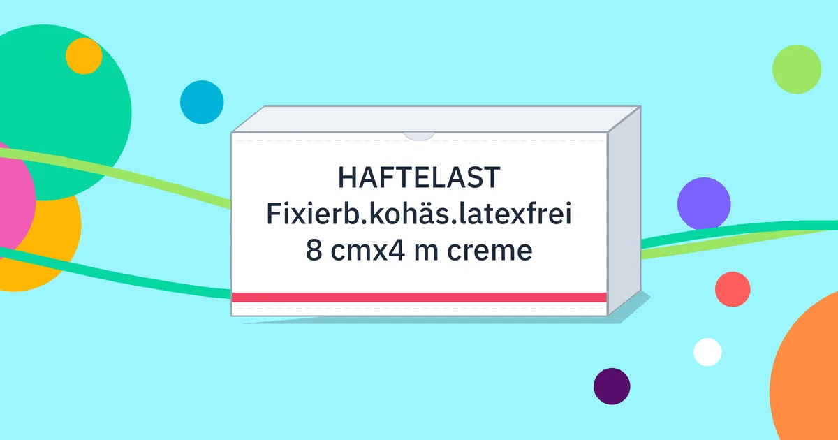 Symbolbild: Packung mit der Aufschrift HAFTELAST Fixierb.kohäs.latexfrei 8 cmx4 m creme (PZN 15998441) – Verfügbarkeit und Bezug in Apotheken in Frankfurt am Main