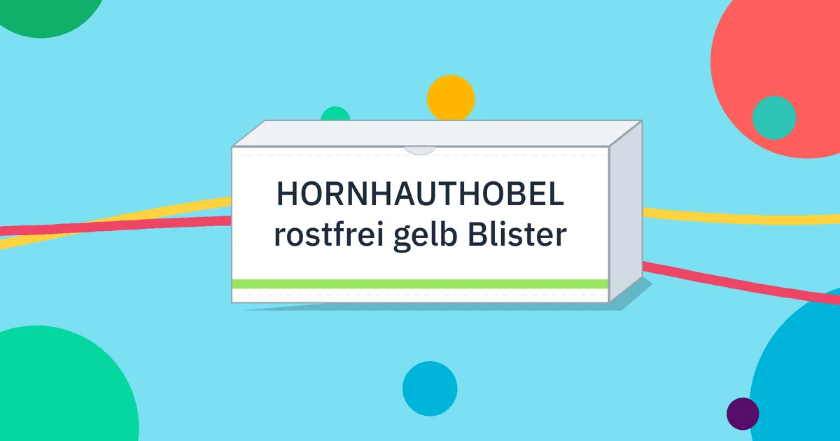 Symbolbild: Packung mit der Aufschrift HORNHAUTHOBEL rostfrei gelb Blister (PZN 01604728) – Verfügbarkeit und Bezug in Apotheken in Frankfurt am Main