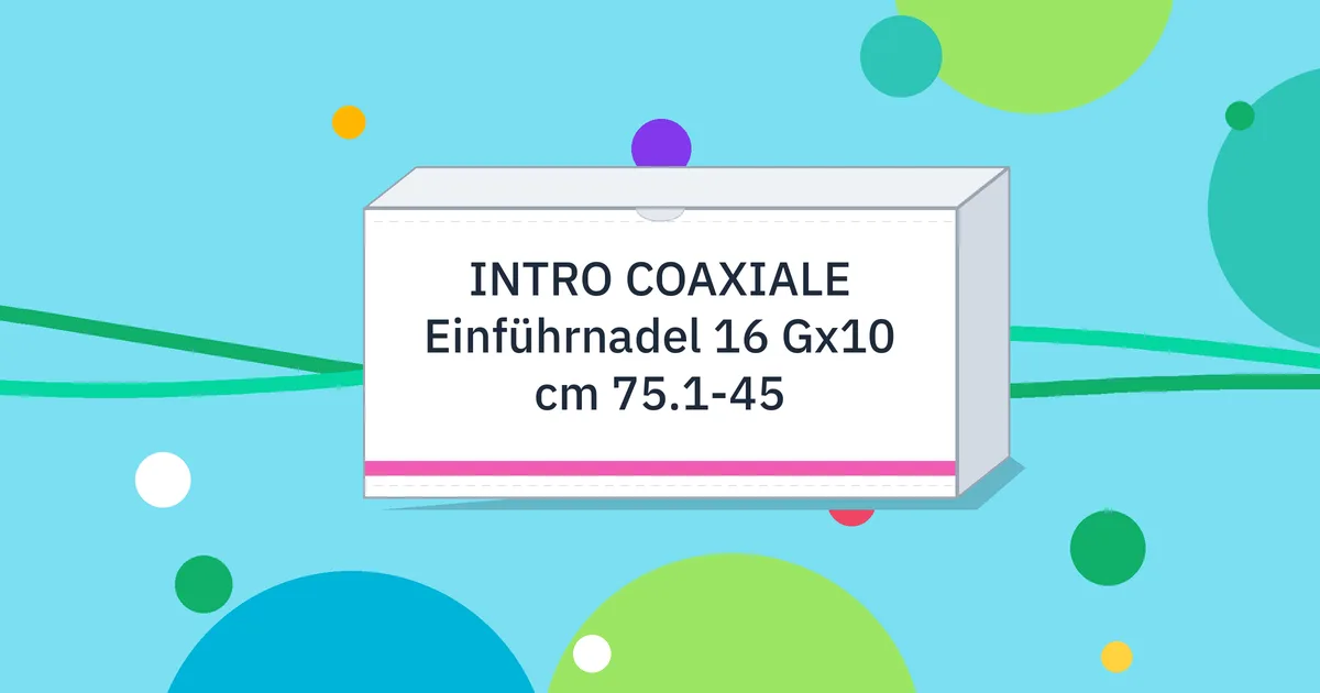 Symbolbild: Packung mit der Aufschrift INTRO COAXIALE Einführnadel 16 Gx10 cm 75.1-45 (PZN 16946469) – Verfügbarkeit und Bezug in Apotheken in Frankfurt am Main