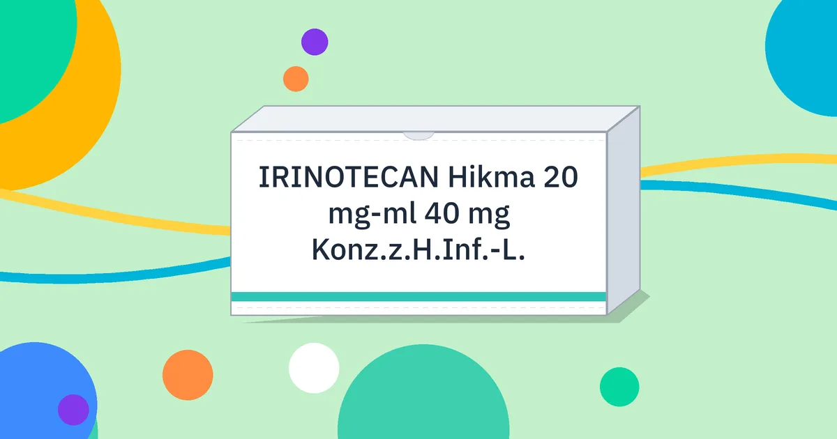 Symbolbild: Packung mit der Aufschrift IRINOTECAN Hikma 20 mg-ml 40 mg Konz.z.H.Inf.-L. (PZN 17611096) – Verfügbarkeit und Bezug in Apotheken in Frankfurt am Main