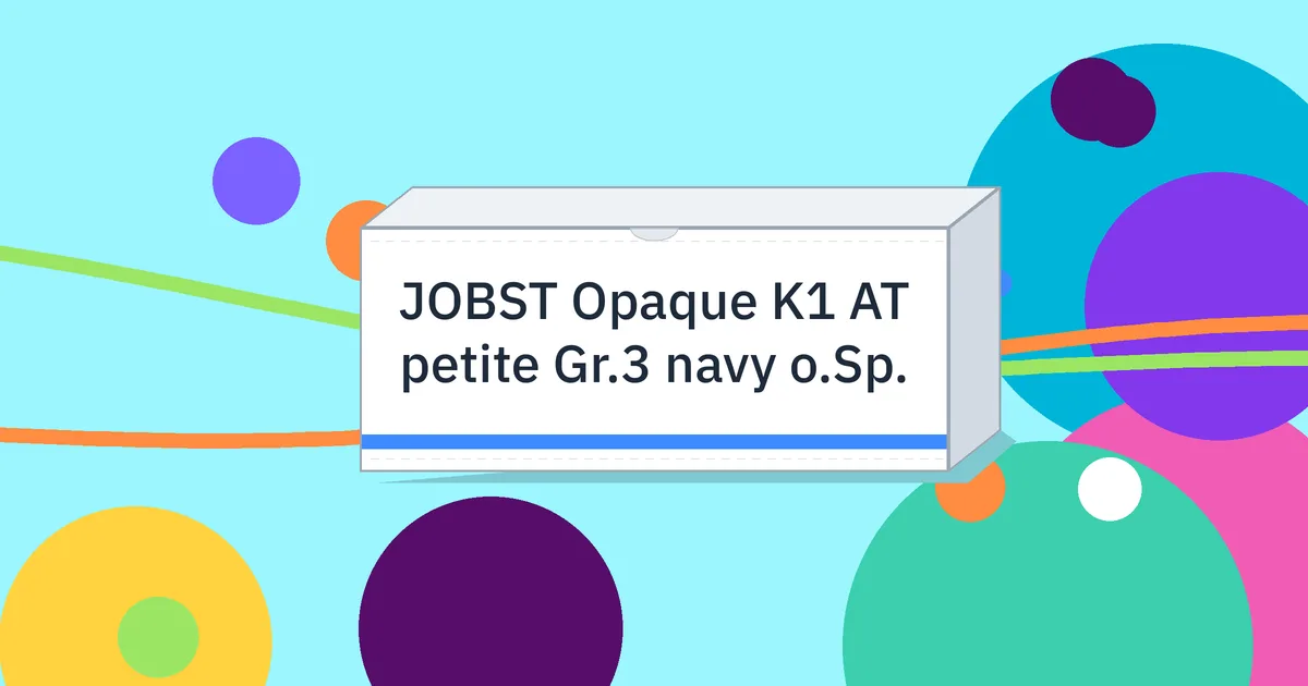 Symbolbild: Packung mit der Aufschrift JOBST Opaque K1 AT petite Gr.3 navy o.Sp. (PZN 13104066) – Verfügbarkeit und Bezug in Apotheken in Frankfurt am Main