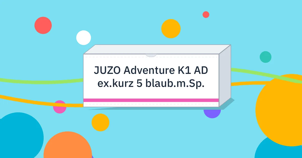 Symbolbild: Packung mit der Aufschrift JUZO Adventure K1 AD ex.kurz 5 blaub.m.Sp. (PZN 16346108) – Verfügbarkeit und Bezug in Apotheken in Frankfurt am Main