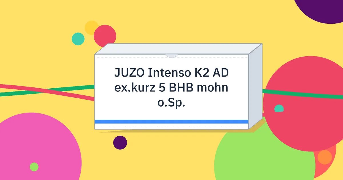 Symbolbild: Packung mit der Aufschrift JUZO Intenso K2 AD ex.kurz 5 BHB mohn o.Sp. (PZN 18625864) – Verfügbarkeit und Bezug in Apotheken in Frankfurt am Main