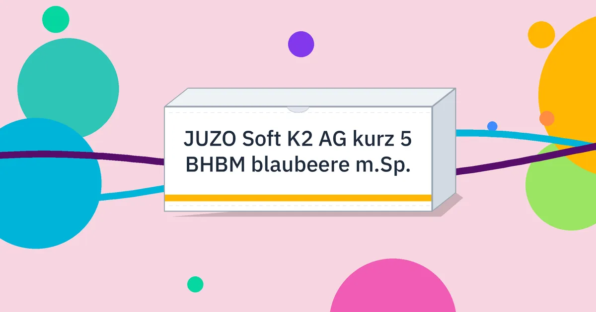 Symbolbild: Packung mit der Aufschrift JUZO Soft K2 AG kurz 5 BHBM blaubeere m.Sp. (PZN 14859720) – Verfügbarkeit und Bezug in Apotheken in Frankfurt am Main