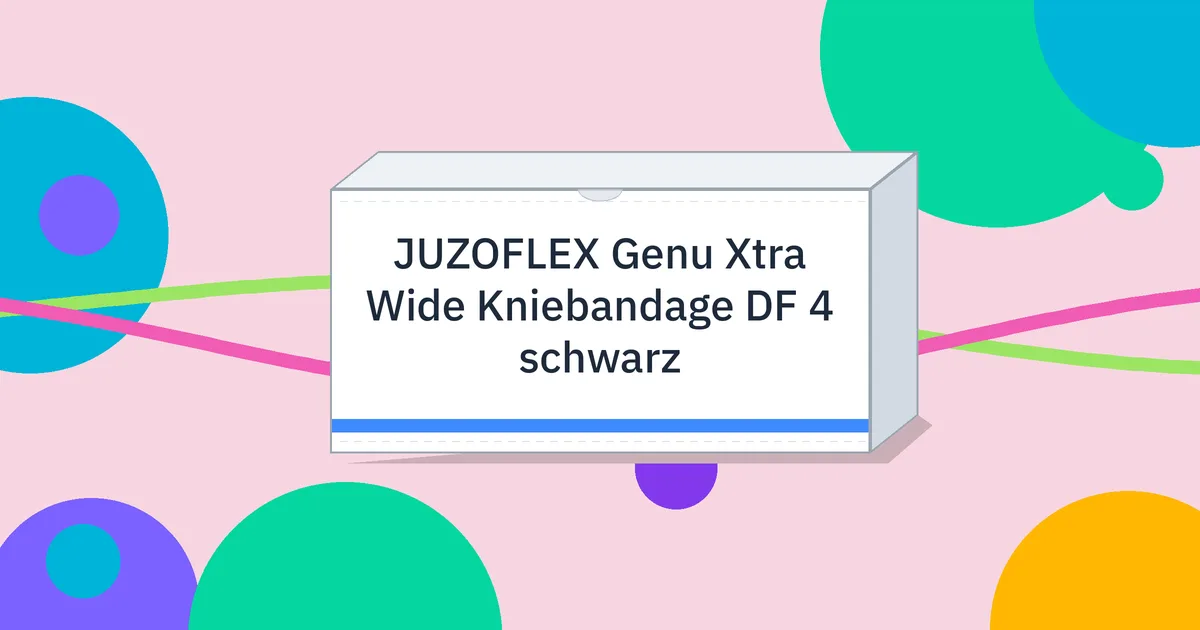 Symbolbild: Packung mit der Aufschrift JUZOFLEX Genu Xtra Wide Kniebandage DF 4 schwarz (PZN 16497712) – Verfügbarkeit und Bezug in Apotheken in Frankfurt am Main