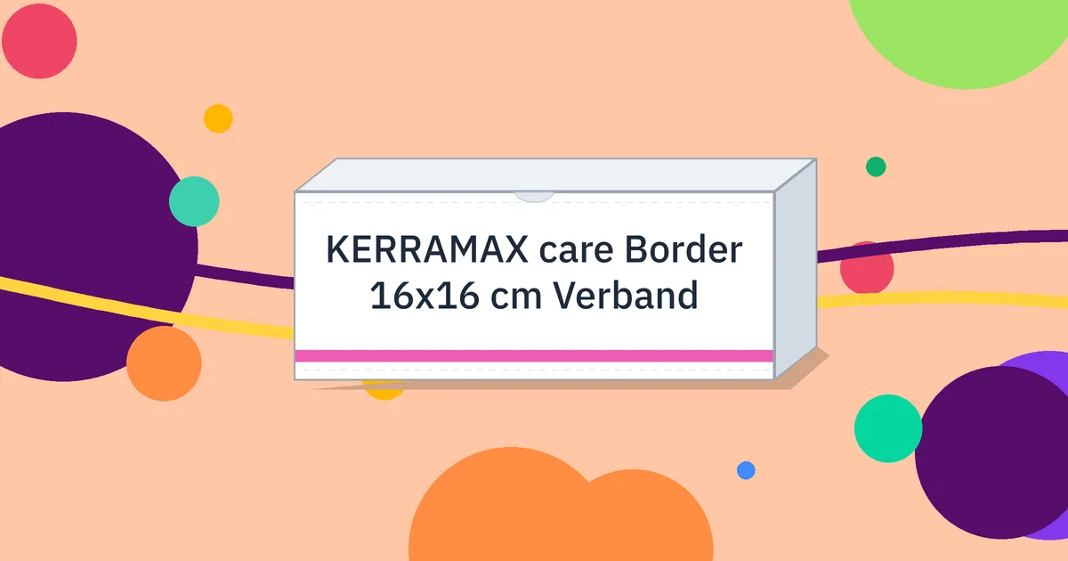 Symbolbild: Packung mit der Aufschrift KERRAMAX care Border 16x16 cm Verband (PZN 14201423) – Verfügbarkeit und Bezug in Apotheken in Frankfurt am Main