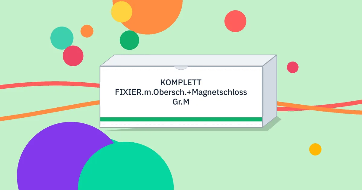 Symbolbild: Packung mit der Aufschrift KOMPLETT FIXIER.m.Obersch.+Magnetschloss Gr.M (PZN 11573615) – Verfügbarkeit und Bezug in Apotheken in Frankfurt am Main