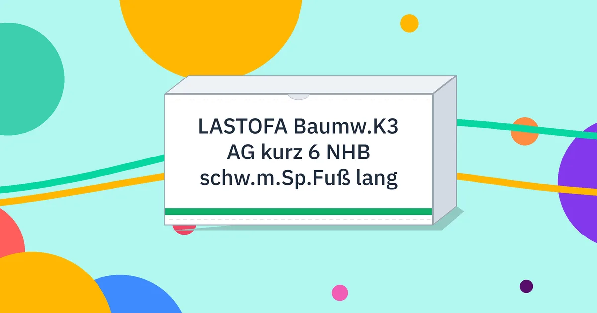 Symbolbild: Packung mit der Aufschrift LASTOFA Baumw.K3 AG kurz 6 NHB schw.m.Sp.Fuß lang (PZN 01955534) – Verfügbarkeit und Bezug in Apotheken in Frankfurt am Main